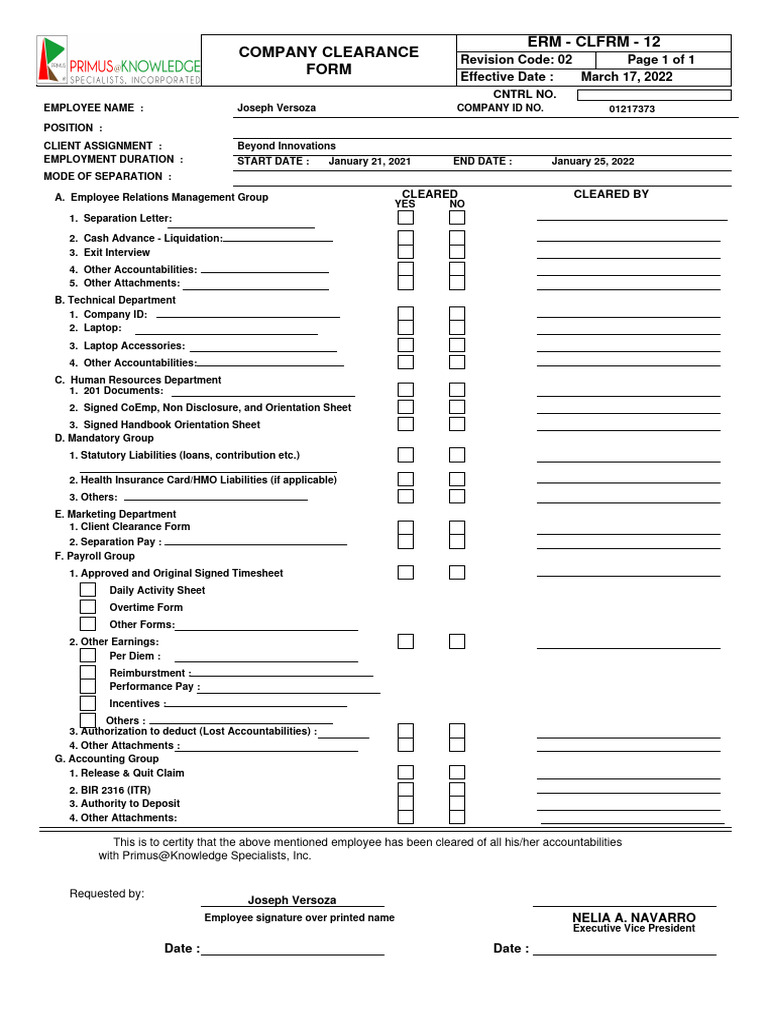 Employee Clearance Form Summary | PDF | Payroll | Business