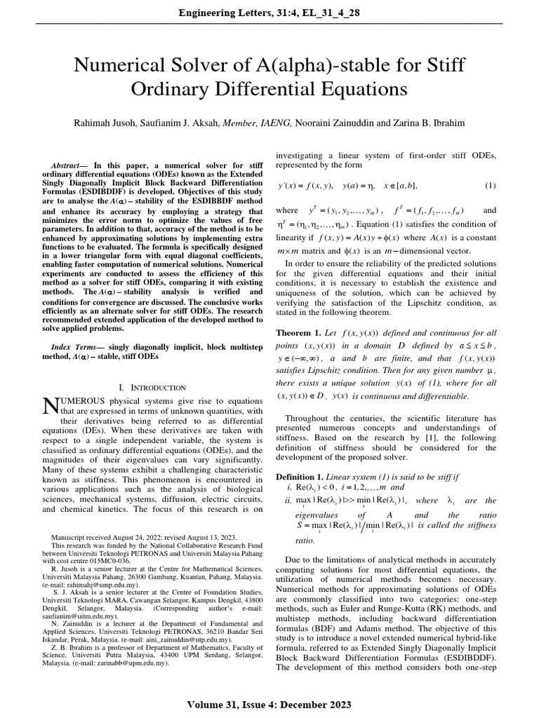Jusoh Et Al (2023) Numerical Solver of A (Alpha) - Stable For Stiff ODEs | PDF | Ordinary ...