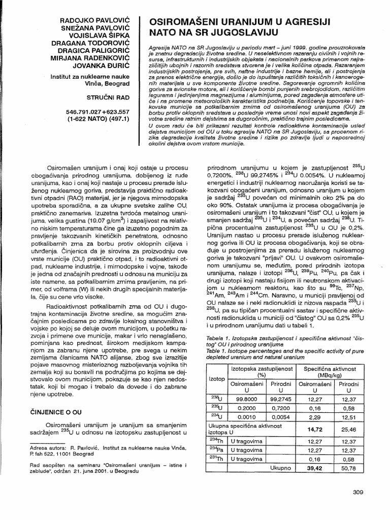 Osiromašeni Uranijum U Agresiji NATO Na SR Jugoslaviju | PDF