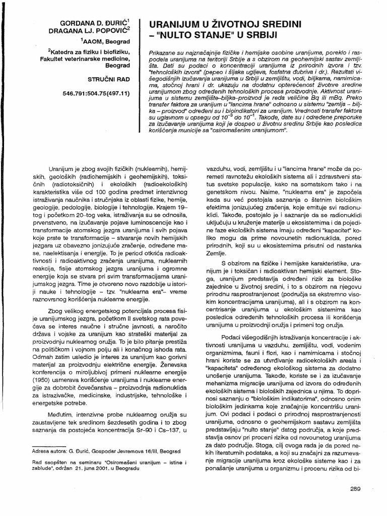 Uranijum U Zivotnoj Sredini - Nulto Stanje U Srbiji | PDF