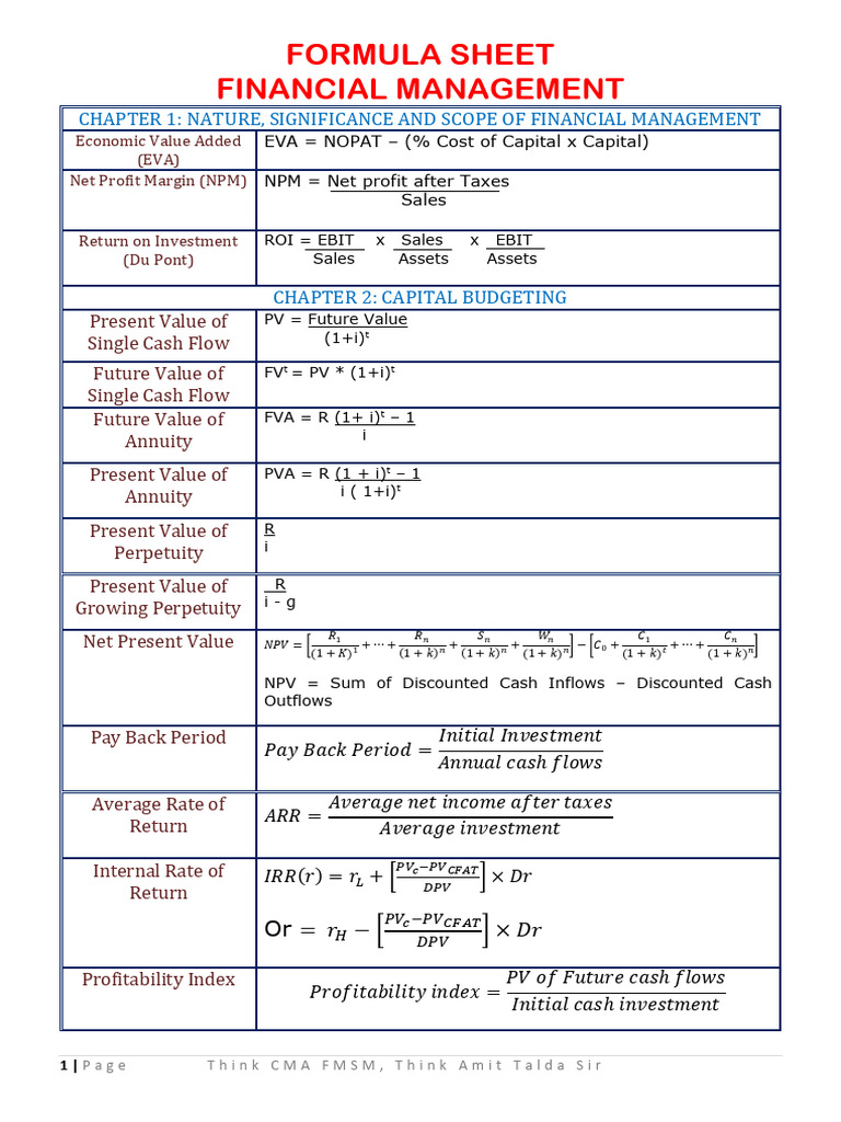 FMSM Formula Sheet | PDF | Net Present Value | Corporations