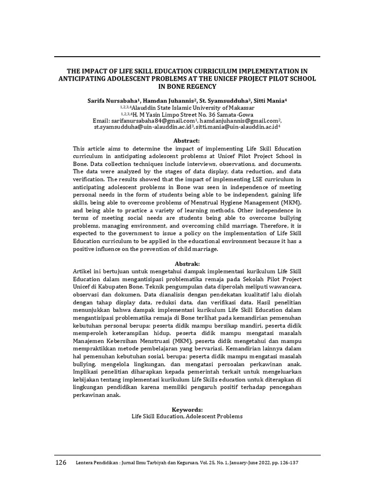 The Impact of Life Skill Education Curriculum Implementation in Anticipating Adolescent Problems ...