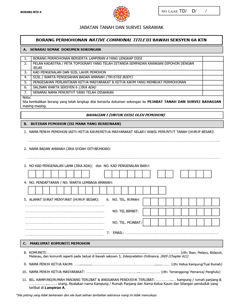 Borang Permohonan Native Communal Title Di Bawah Seksyen 6A Kanun Tanah Negeri NTD | PDF