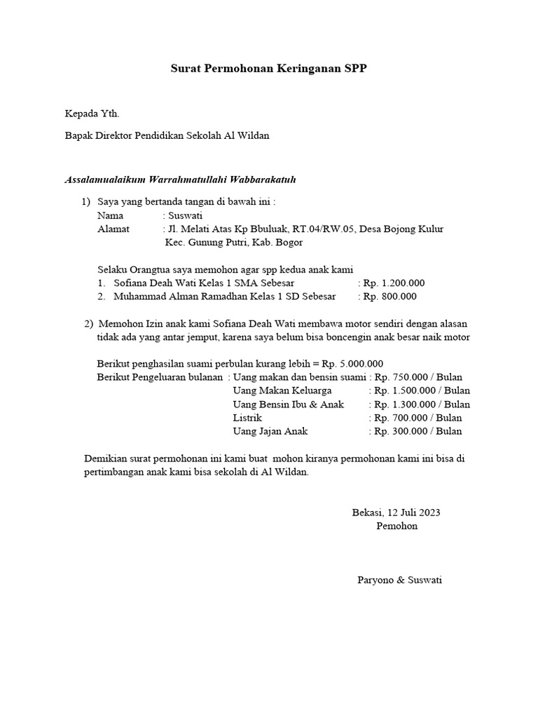 Surat Permohonan Keringanan SPP | PDF