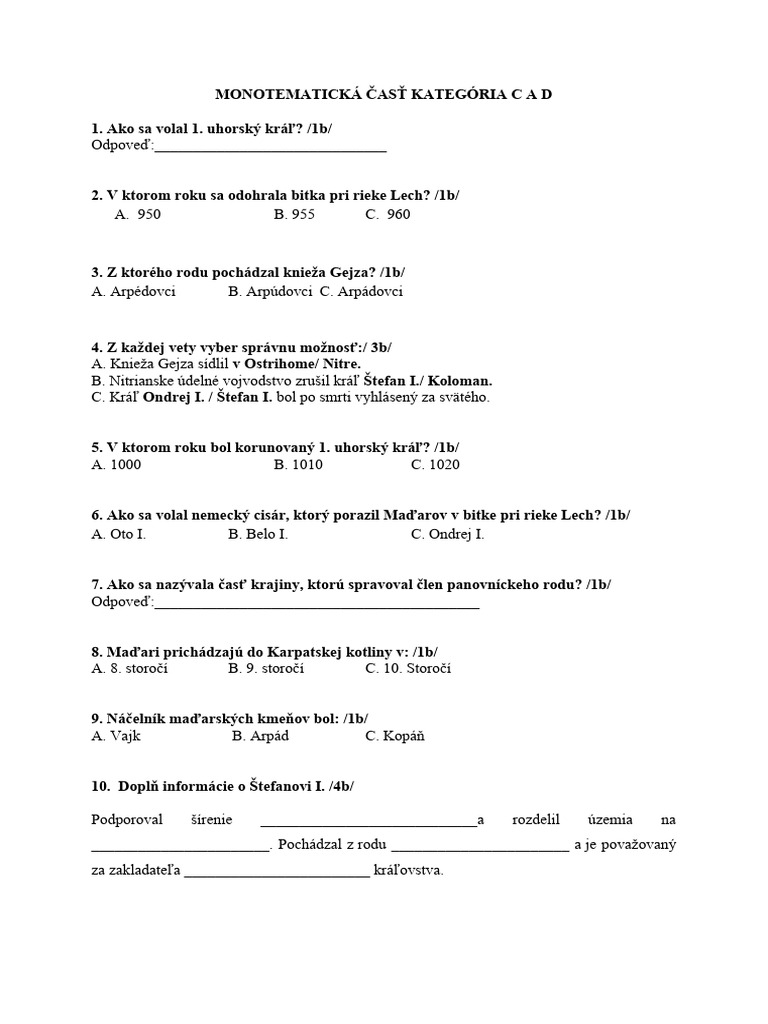Monotematická Časť Kategória C A D | PDF