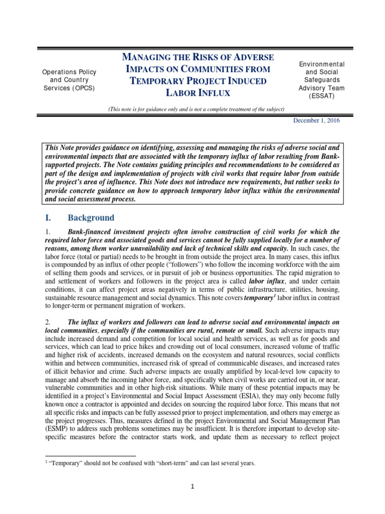 Managing Riskof Adverseimpactfromprojectlaborinflux | PDF | Labour ...