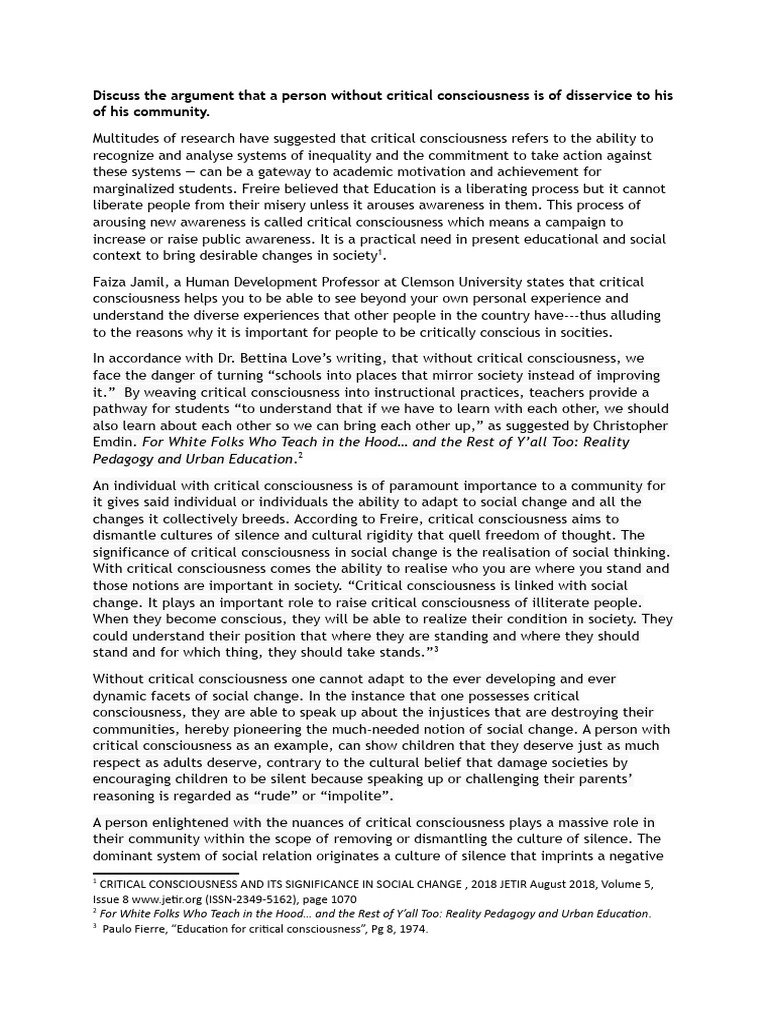 Critical Consciousness Assignment | PDF | Consciousness | Knowledge