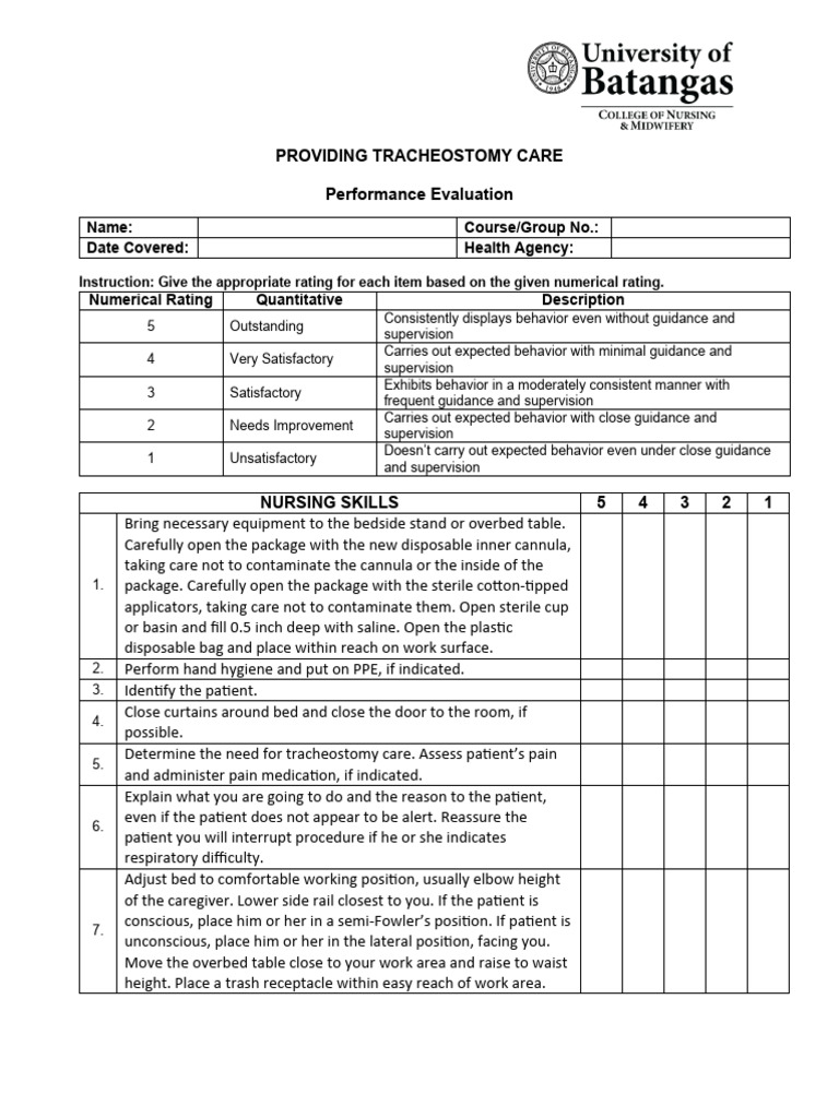 Tracheostomy Care Performance Evaluation | PDF | Caregiver | Pain