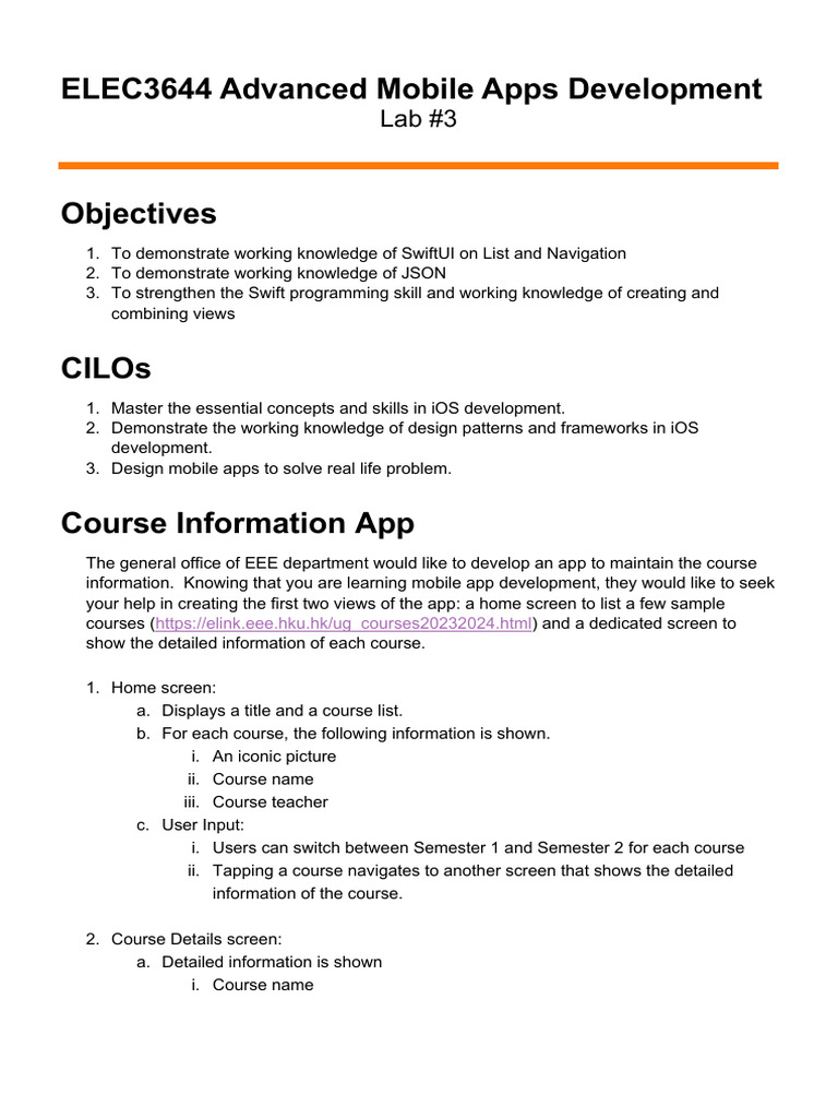 ELEC3644 Mobile App Development Lab 3 | PDF | Information | Mobile App