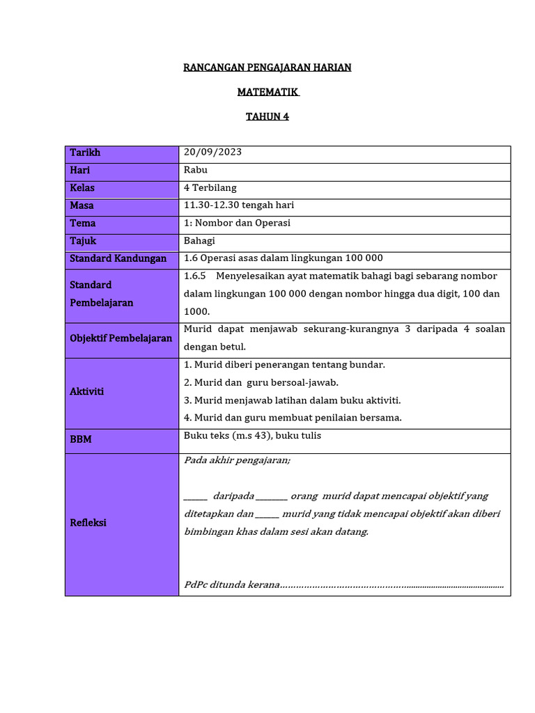 RPH MT Tahun 4 | PDF