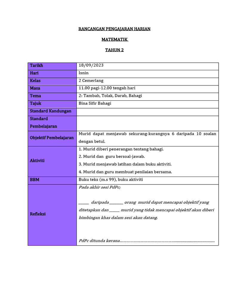 RPH MT Tahun 2 | PDF