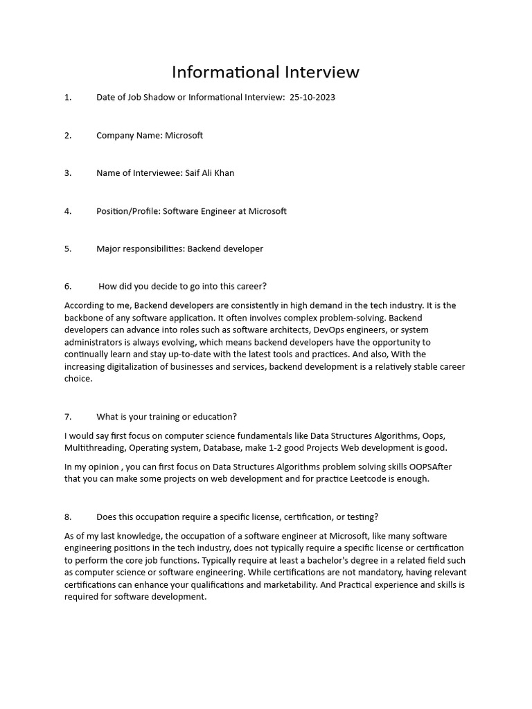Informational Interview | PDF | Software | Software Engineering