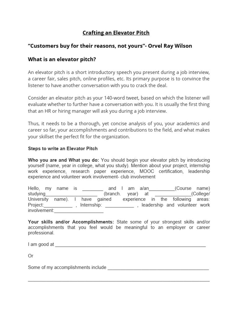 Elevator Pitch Worksheet | Download Free PDF | Internship | Job Hunting