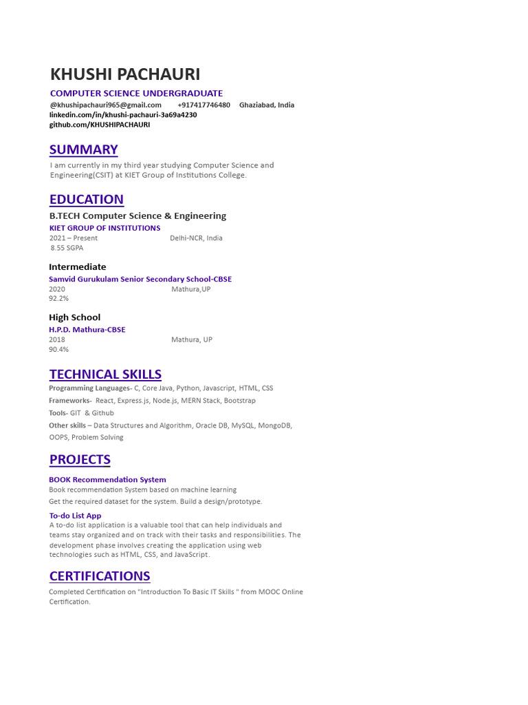 Khushi Pachauri: Computer Science Undergraduate | PDF | Computers