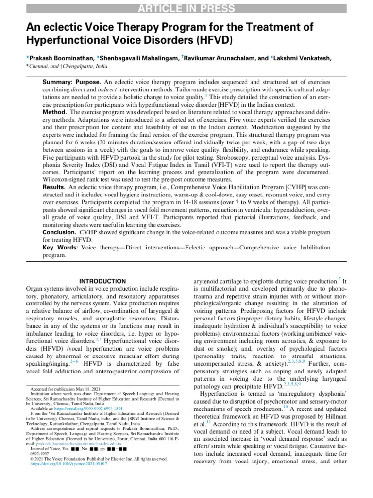 An Eclectic Voice Therapy Program For The Treatment of Hyperfunctional ...