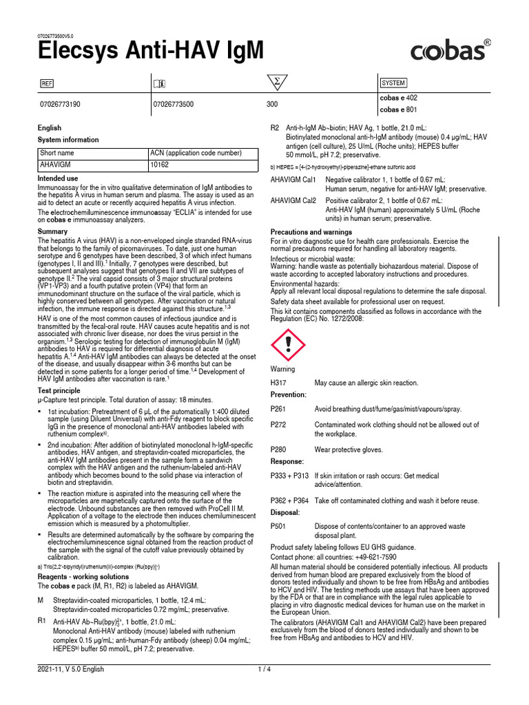 Insert - Elecsys Anti-HAV IgM.07026773500.V5.En | PDF | Antibody ...