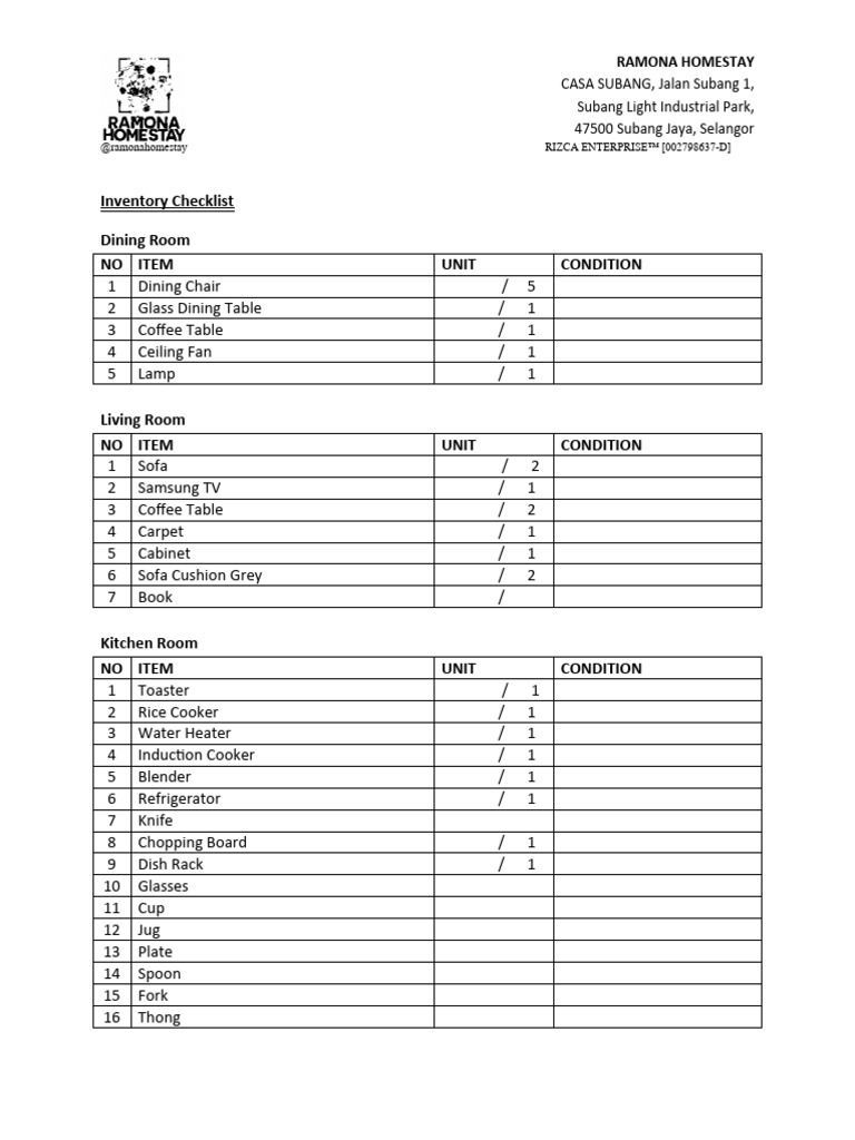 RAMONA HOMESTAY Inventory Checklist | PDF | Bed | Home