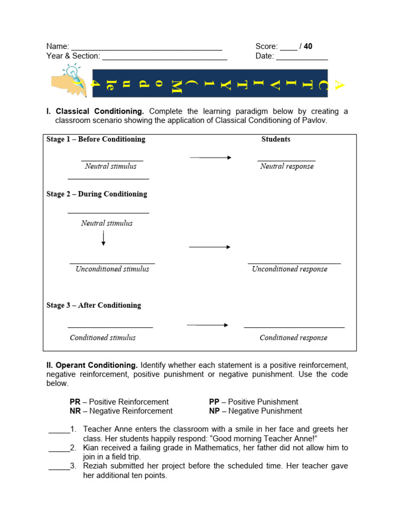 Activity For Lesson 1 Behaviorism | PDF | Reinforcement | Classical ...