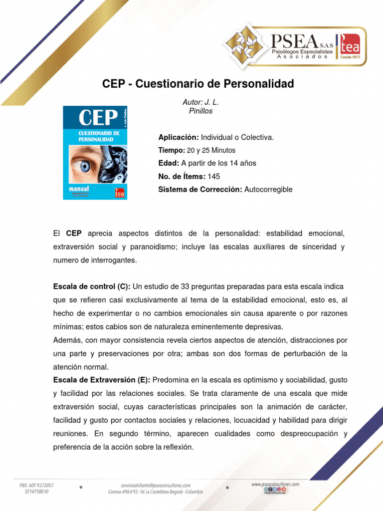 Ficha Técnica CEP. Cuestionario de Personalidad | PDF | Cuestionario | Sicología
