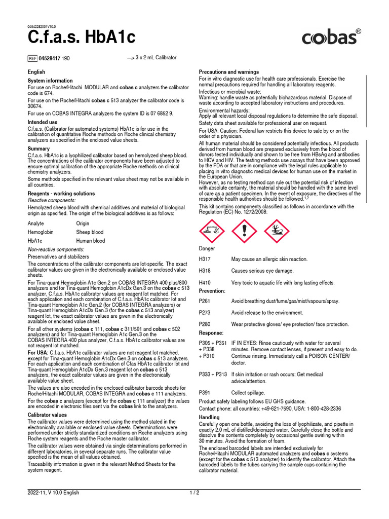 Insert.C.f.a.s. HbA1c.04542282001.V10.en | PDF | Glycated Hemoglobin ...