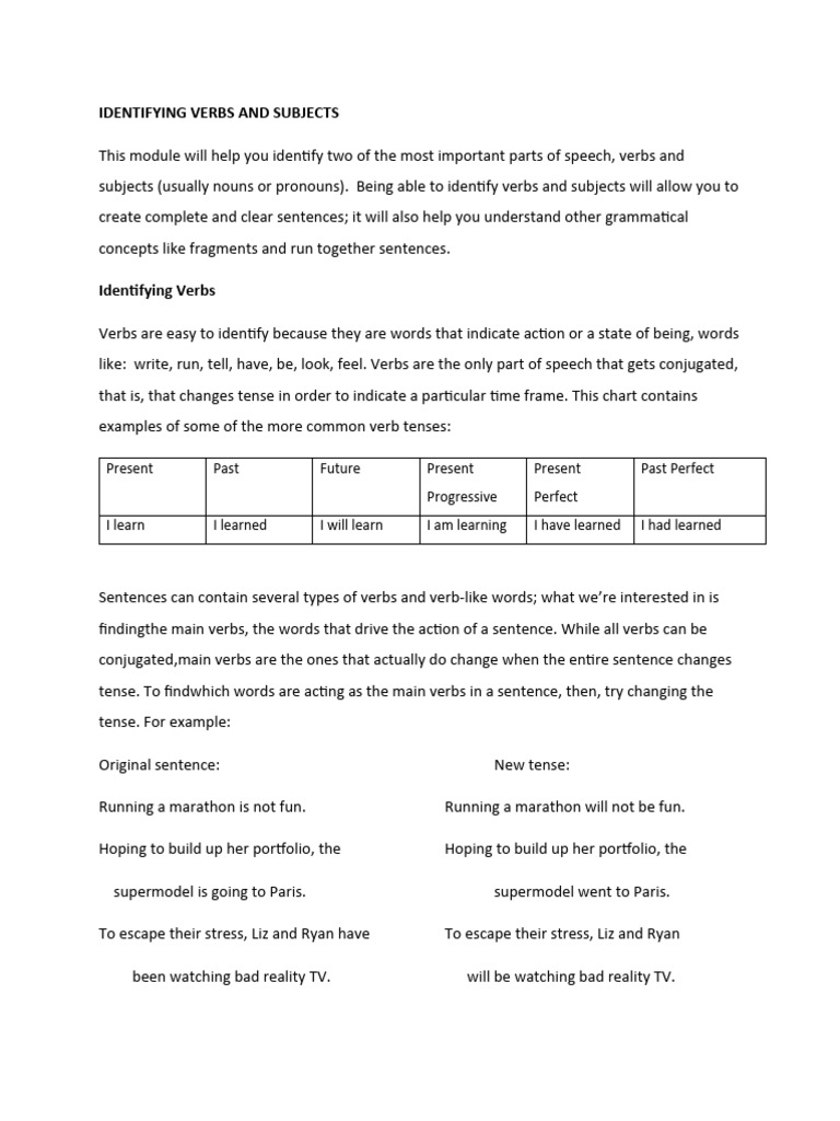 Identifying Verbs and Subjects in Sentences | PDF | Verb | Grammatical ...