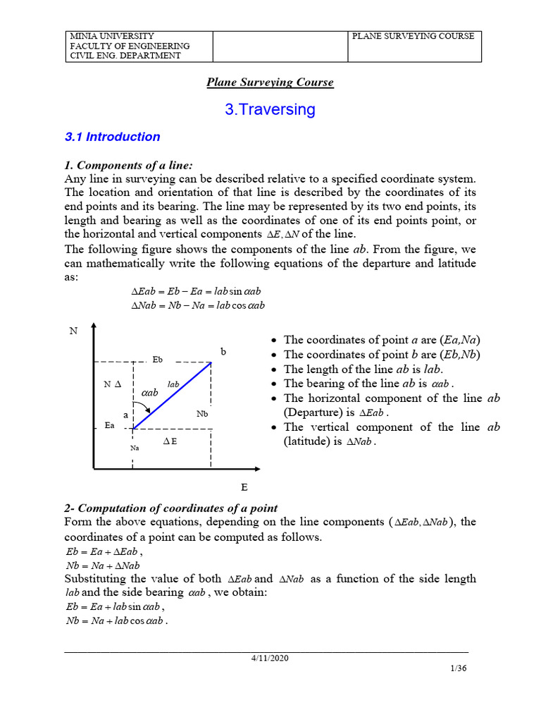 Plane Surveying: Line Components & Coordinates | PDF | Surveying | Angle