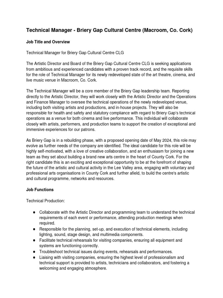 Briery Gap - Technical Manager Job Spec | PDF | Occupational Safety And ...