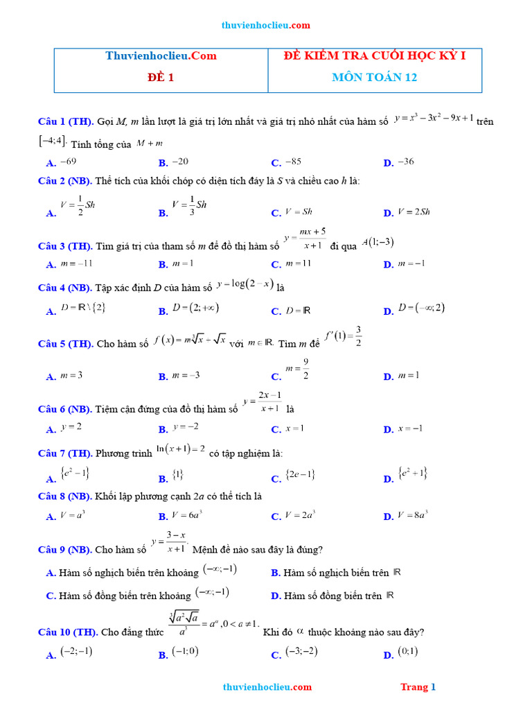 Bo de Thi HK1 Toan 12 Co Dap An | PDF