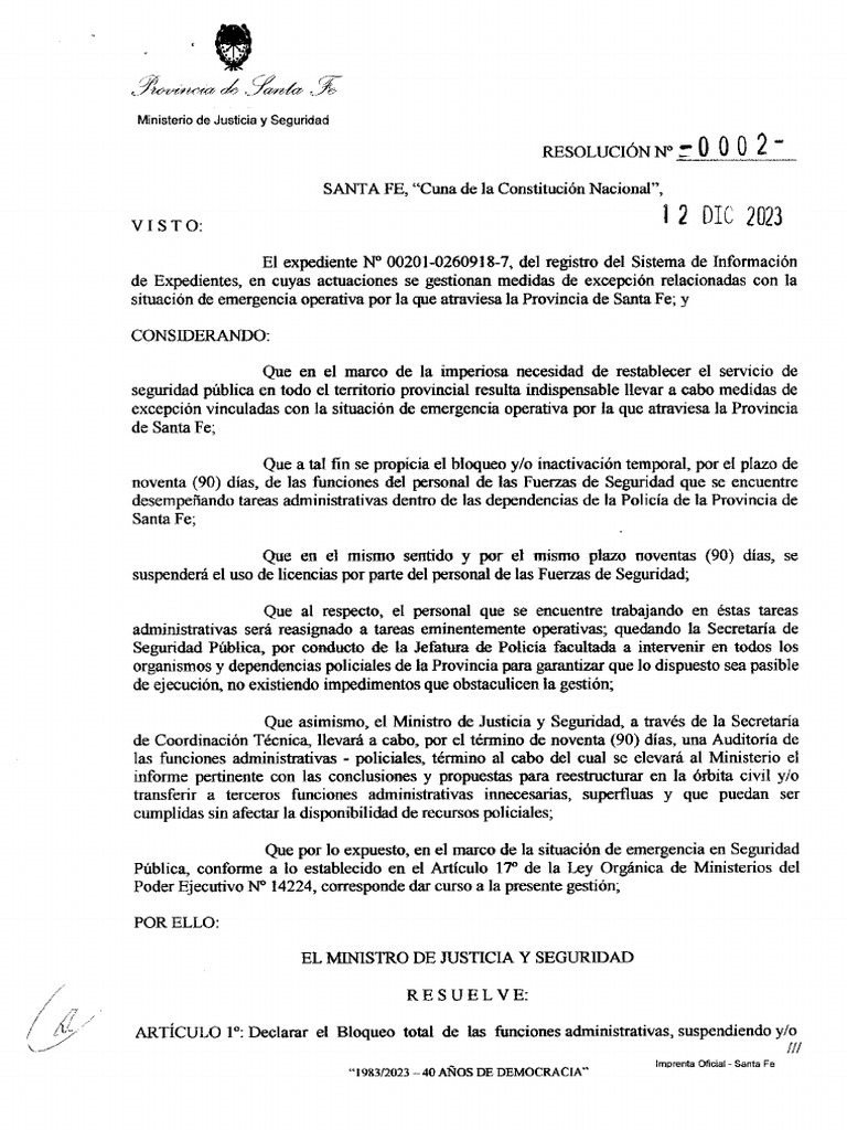 Resolución Del Ministerio De Seguridad Santa Fe N º 0002 2023 Pdf