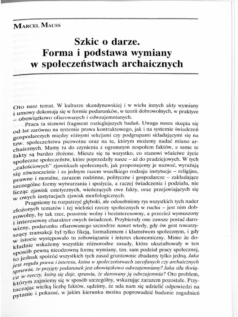 Marcel Mauss - Szkic o Darze. Forma I Podstawa Wymiany W Społeczeństwach Archaicznych | PDF
