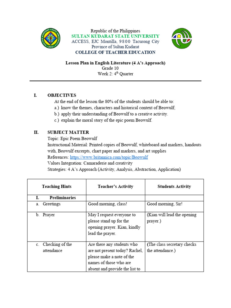 Detailed-Lesson-Plan-in-English-315 | PDF | Beowulf | Lesson Plan