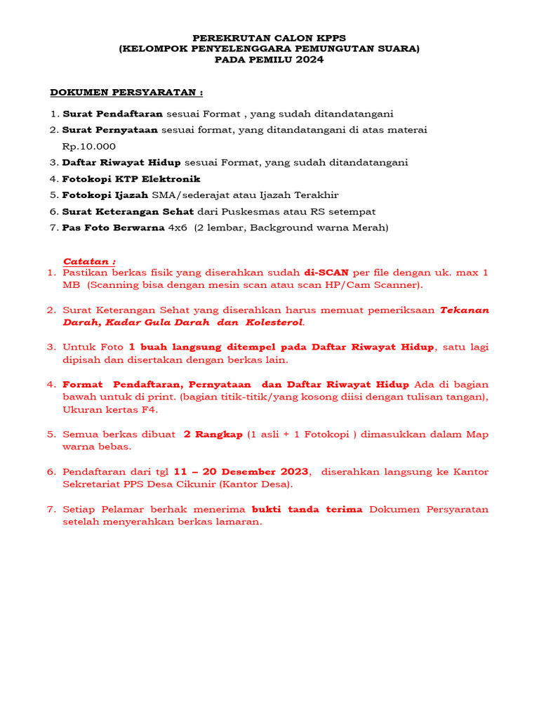 Dokumen Persyaratan Calon KPPS Pemilu 2024 | PDF