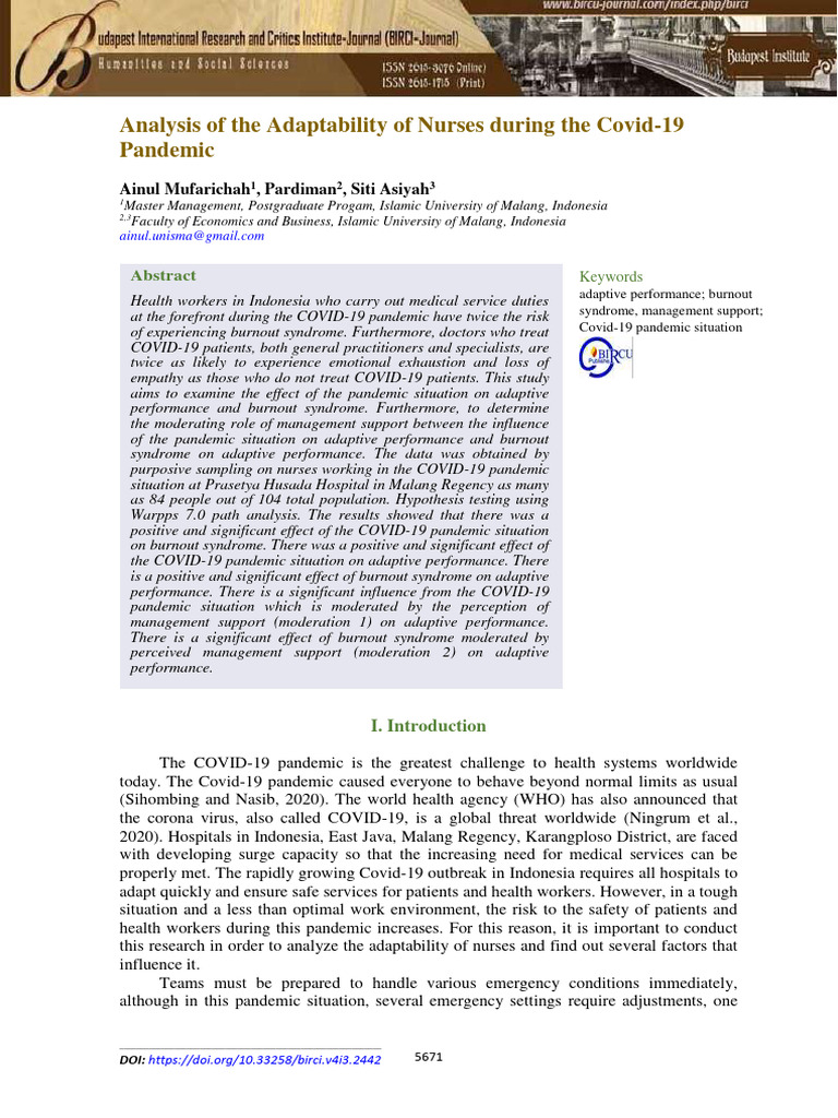Analysis of The Adaptability of Nurses During The Covid-19 Pandemic ...