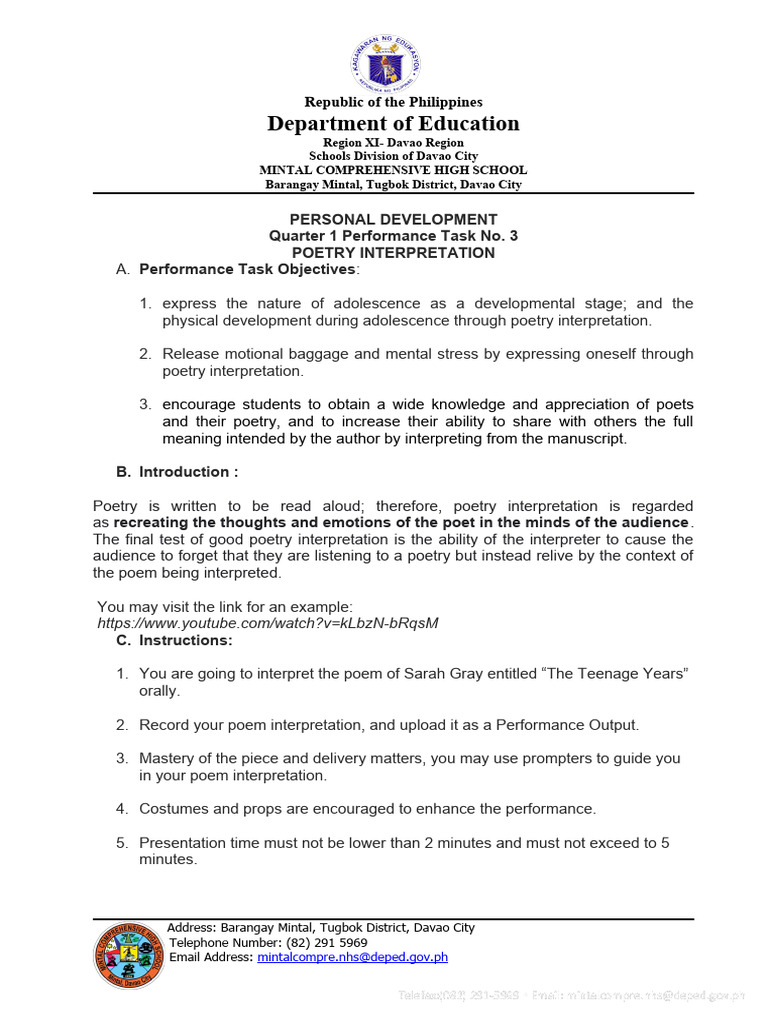 PERDEV Quarter 1 Performance Task 3 | PDF | Mind | Poetry