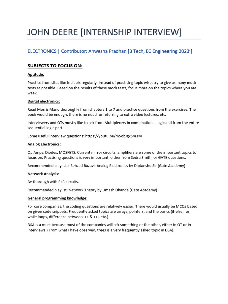 Anwesha - John Deere - Interview | PDF | Electronics | Digital Electronics