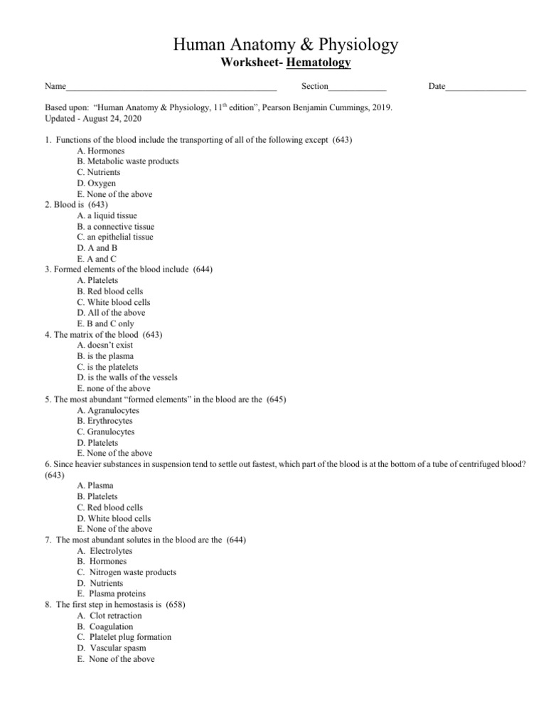 Hematology Worksheet for Anatomy Study | PDF | Blood | Granulocyte