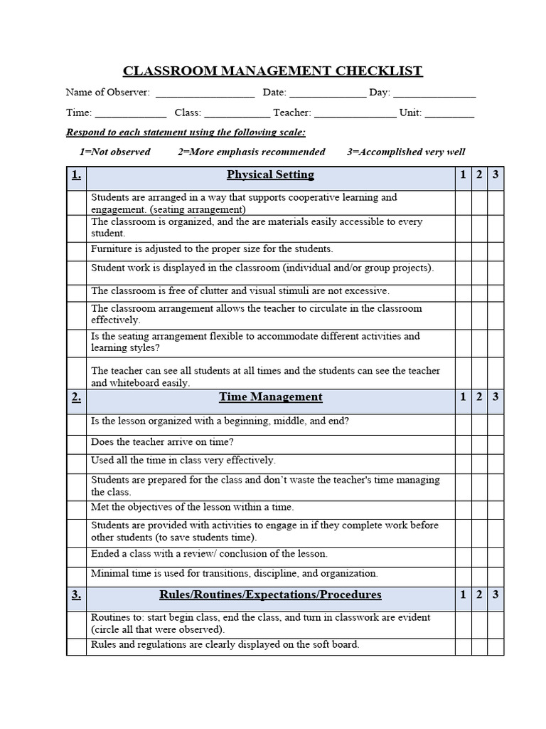 Classroom Management Observation Checklist | PDF | Classroom | Teachers