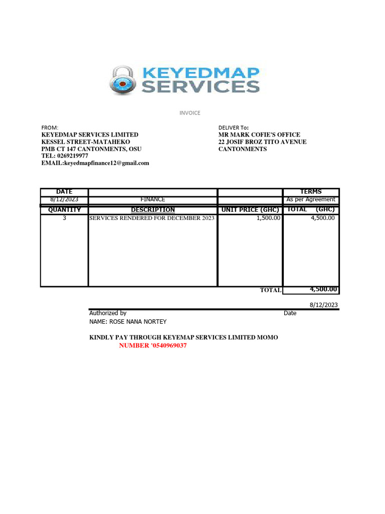Invoice For MR Mark Cofie's Office (December) 2023 | PDF