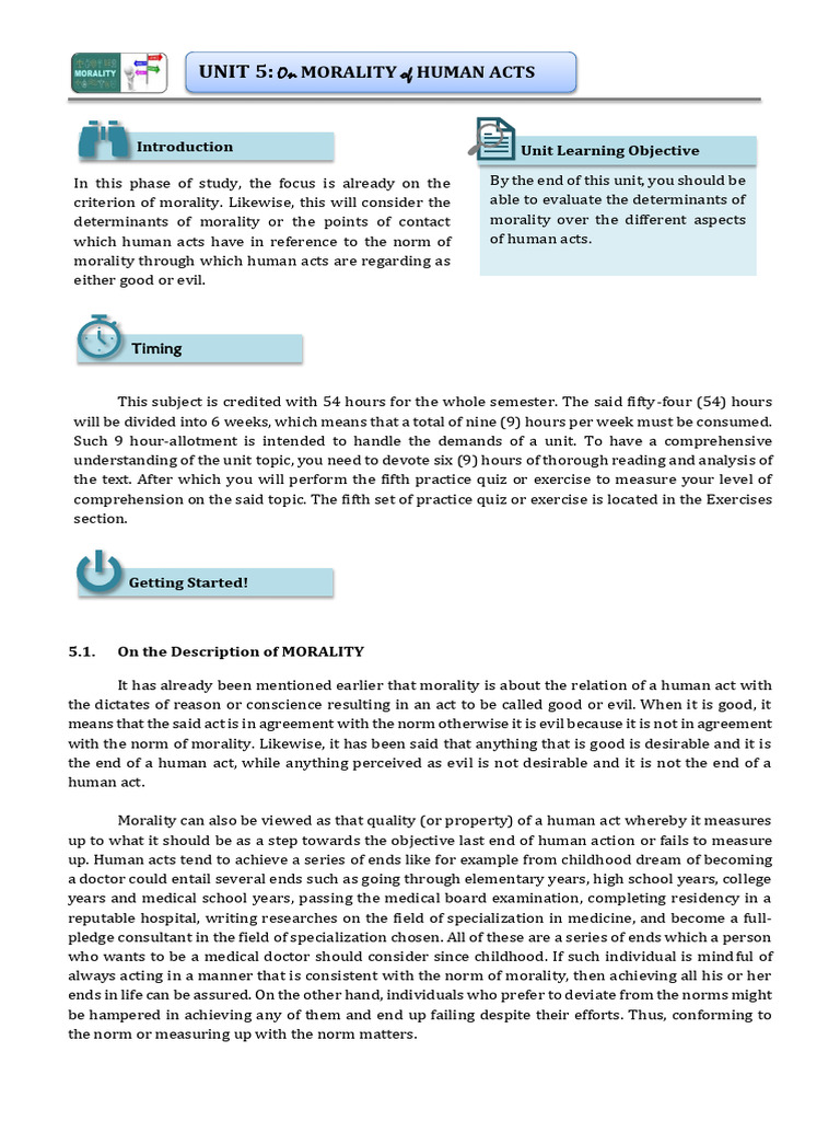 UNIT 5 - On Morality of Human Acts | PDF | Pleasure | Virtue Ethics
