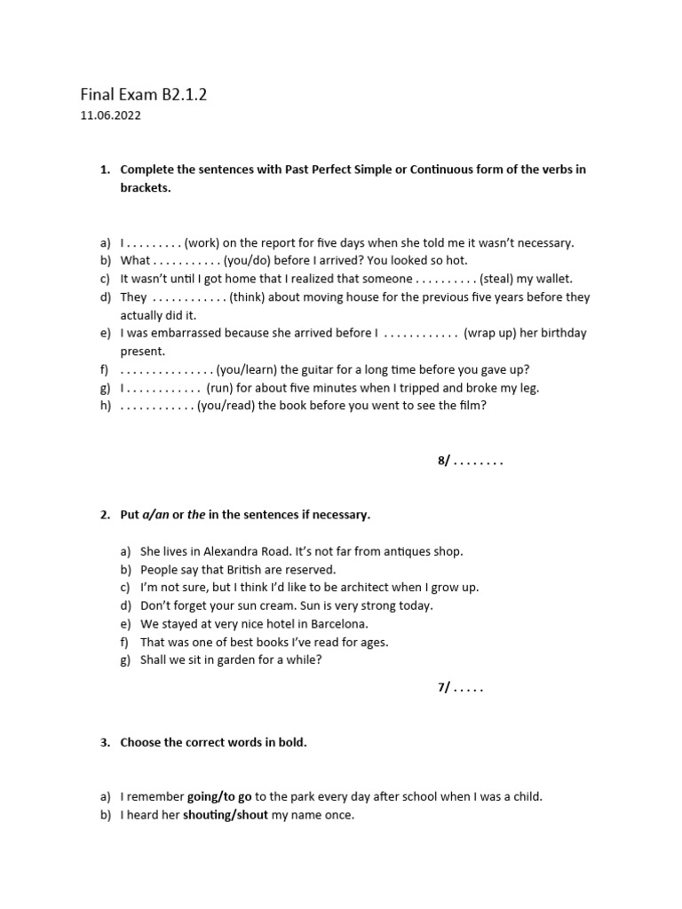 Final Exam B2.1.2: 1. Complete The Sentences With Past Perfect Simple ...
