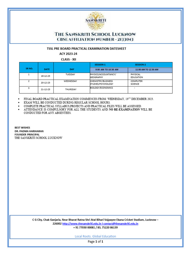 TSSL Pre Board Practical Examination Datesheet Class Xii | PDF
