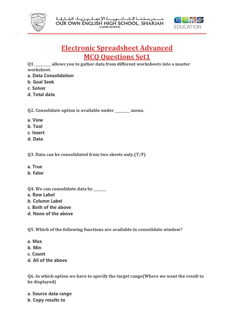 Electronic Spreadsheet Advanced - MCQ - Set1 | PDF | Spreadsheet ... Electronic Spreadsheet Advanced - MCQ - Set1 | PDF | Spreadsheet ...