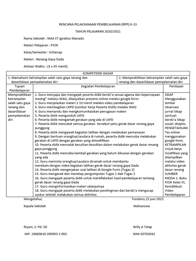 RPP PJOK Renang Gaya Dada Kelas X | PDF