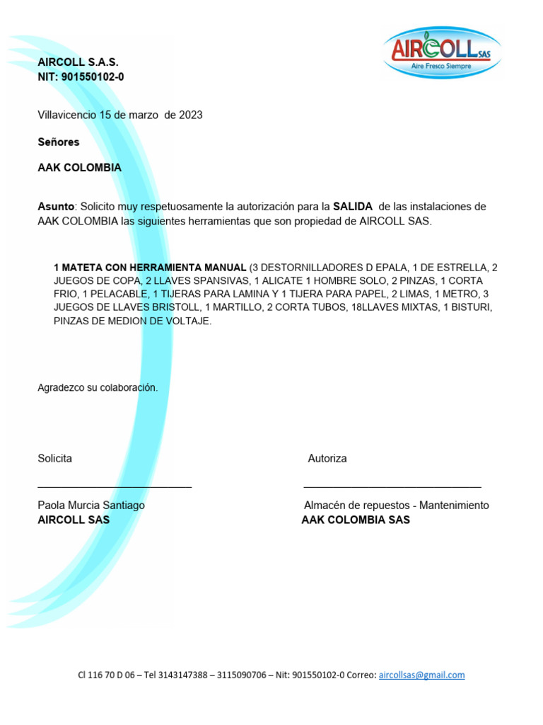 Acta de Entrada y Salida de Herramientas | PDF