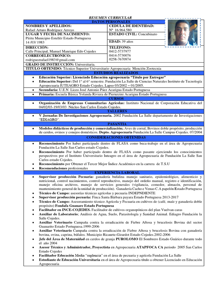 RESUMEN CURRICULAR Rafa (Rafael Arturo Rodriguez Arroyo) PDF | PDF | Industria de alimentos ...