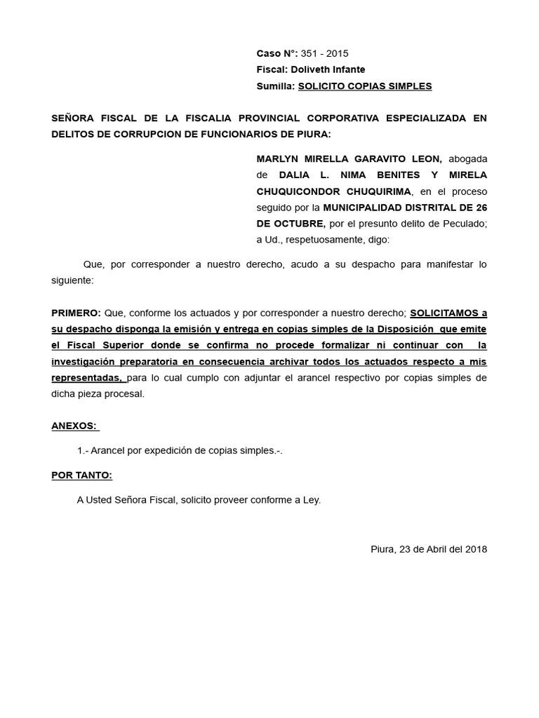 Solicitud de Copias Simples en Caso de Peculado | PDF