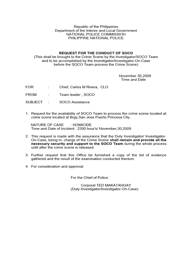 CSI Form 2 Request For The Conduct of SOCO | PDF | Law
