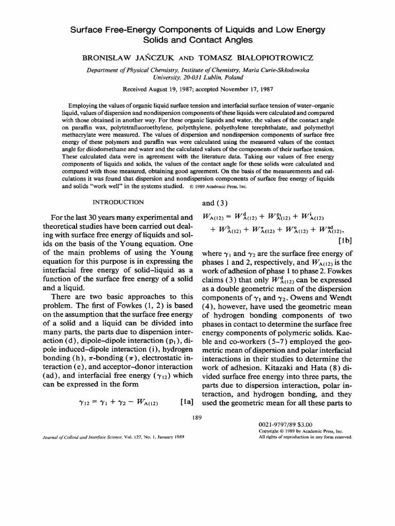 Janczuk and Bialopiotrowicz 1987 Surface Free Energy Component of ...