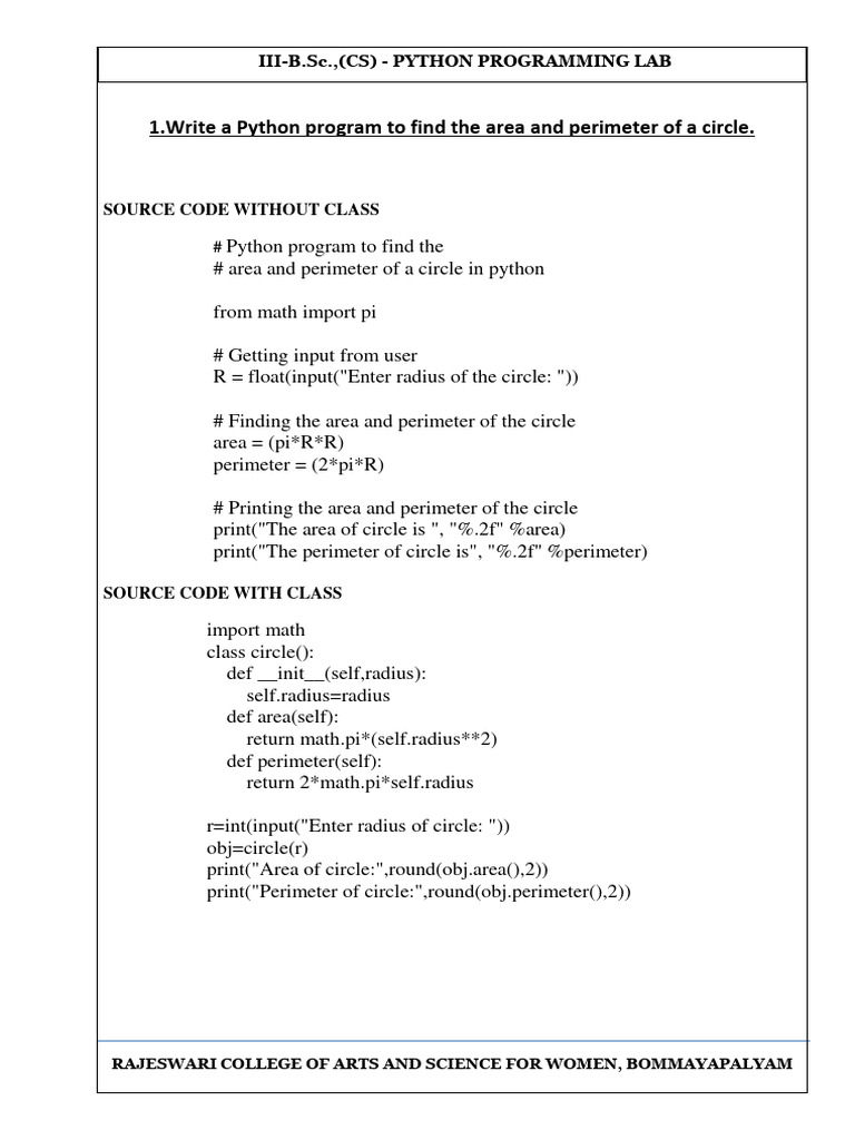 III-bsc Python Lab-Record | Download Free PDF | Python (Programming Language) | Area