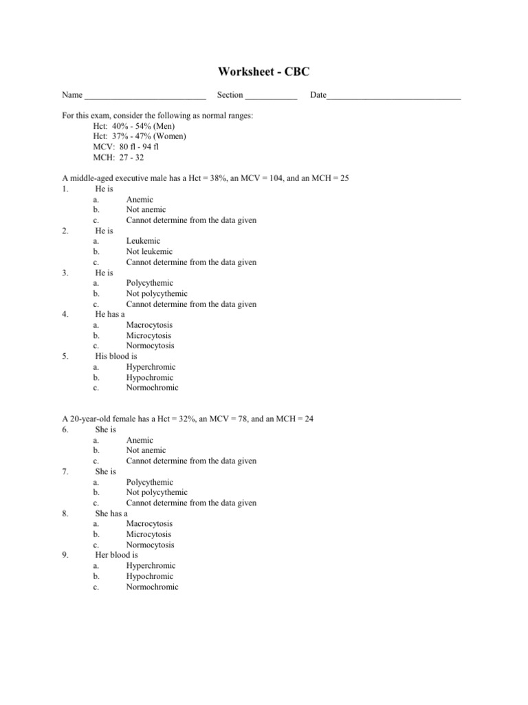Worksheet 2 - CBC Clinical Examples | PDF | Anemia | Vitamin B12